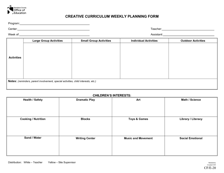 CREATIVE CURRICULUM WEEKLY PLAN Preschool Lesson Plan Template ...