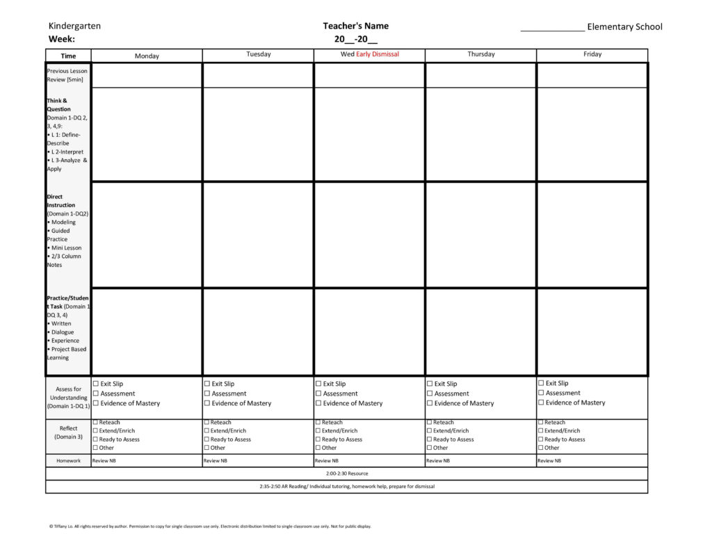 Kindergarten Weekly Lesson Plan Template W Florida Standards Drop Down ...