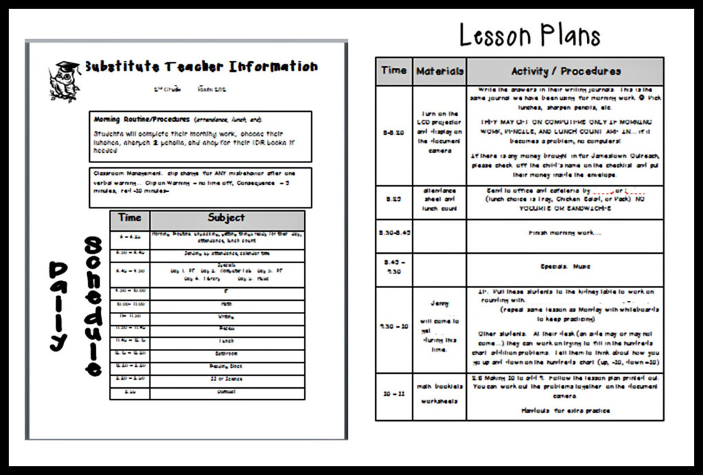 Lesson Plan Template For Substitute Teacher Printable Schedule Template ...