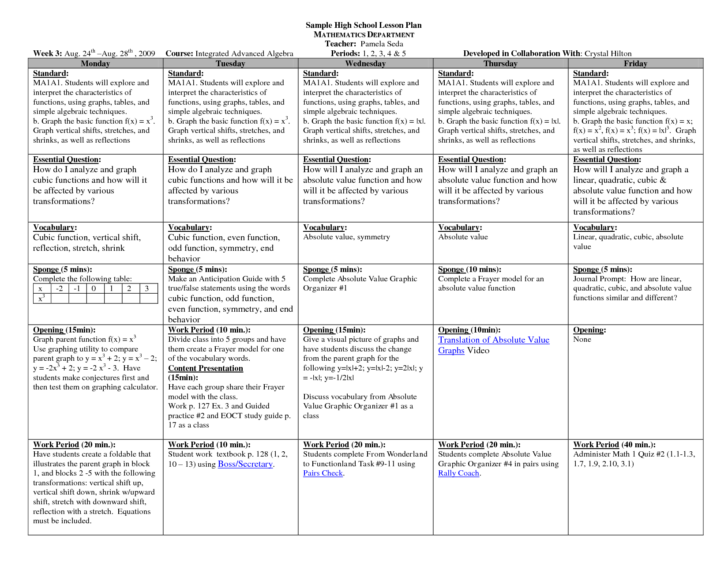 Math Lesson Plan Template High Schoolsample Hs Math Weekly Lesson Plan | Printable Lesson Plans